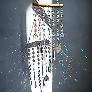 Hanging Window Suncatcher Rainbow Maker Glass Crystal Mobile Wind Chimes with AB Prisms & Natural Leaf Drops Home Wall Art Decoration Gift