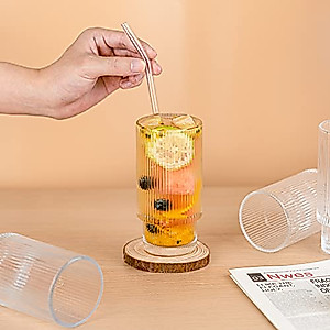 Gracenal Ribbed Glass Cups with Straws 12oz, Drinking Glasses Set of 4, Ribbed Glassware, Cocktail Glasses, Vintage Glassware, Whiskey Glasses, Coffee Bar Accessories, Iced Coffee Cups for Cute Gifts