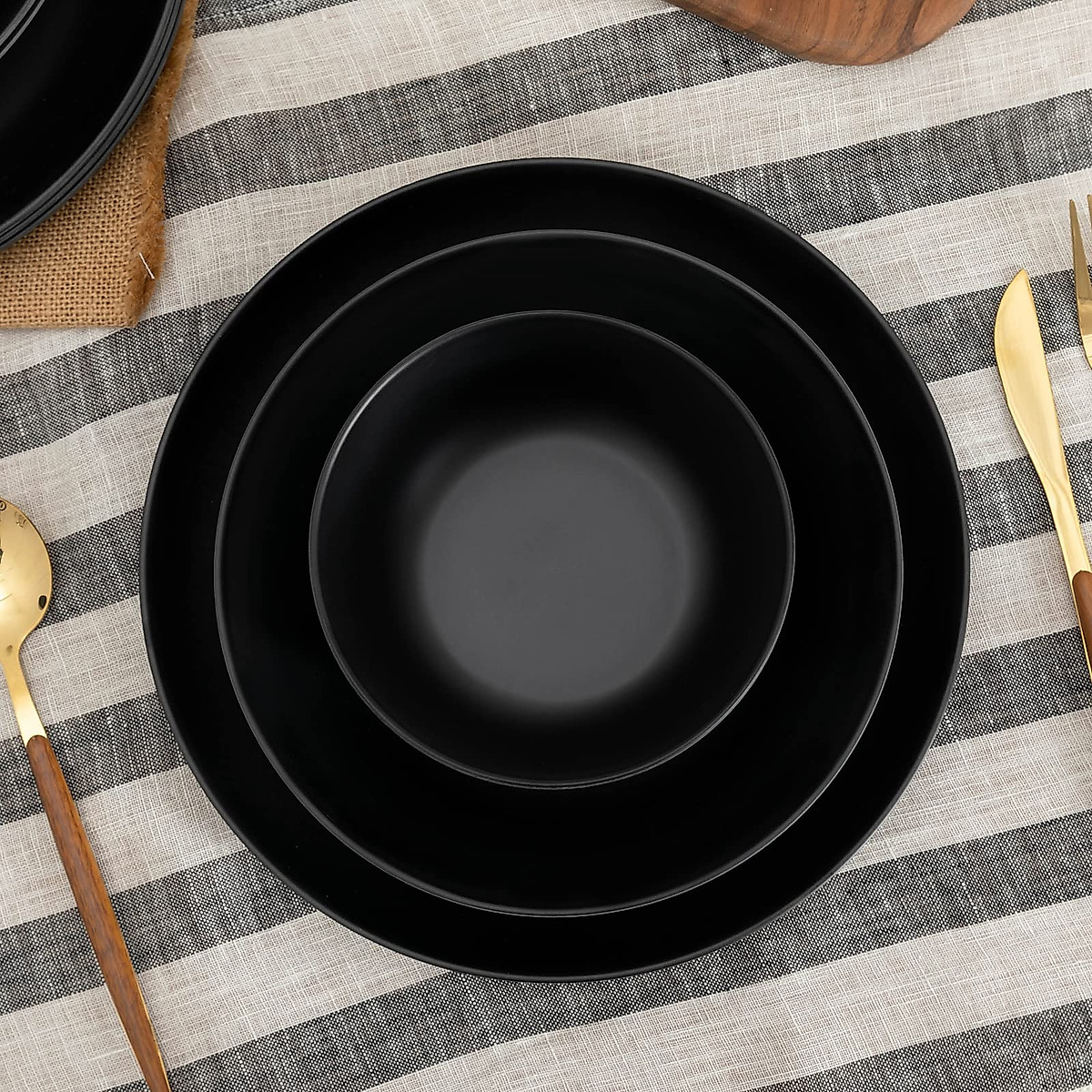 LEHAHA Bamboo Fiber Melamine Dinnerware Sets, Black Kitchen Plates and Bowls Sets, Unbreakable Dishes Set for 4, Eco-friendly Lightweight 12 Piece Dinnerware Sets for Parties & Camping