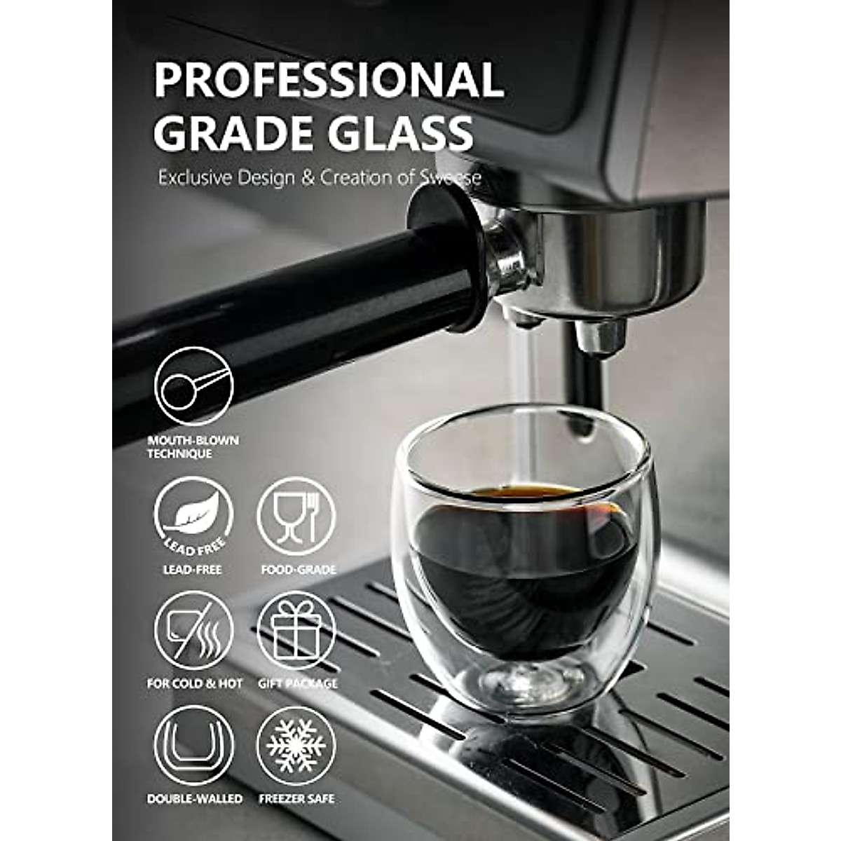 Sweese 4 Ounce Espresso Cups Set of 4, Double-Wall Insulated Glasses Cups Set- Handmade Glass- 408.101