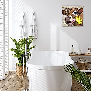 Cow Pictures Wall Decor Country Farmhouse Canvas Wall Art Rustic Sunflower Bathroom Decor Framed Artwork Paintings for Wall Decorations for Bedroom Office Kitchen Living Room,Ready to Hang 13.4" X 13.4"