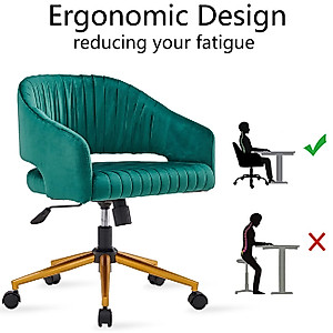 Home Office Chair Swivel Velvet Desk Chair Modern Cute Green Desk Chair with Gold Base for Girls Women Ergonomic Study Seat Computer Task Stools for Living Room (Green)