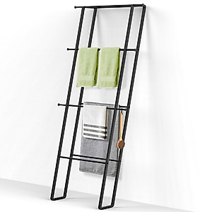 CANYAVE Blanket Ladder Towel Rack, Wall Leaning Ladder Towel Rack Blanket Holder Rack Drying Rack, 4-Tier Blanket Ladders for Living Room Bathroom (Matte Black)