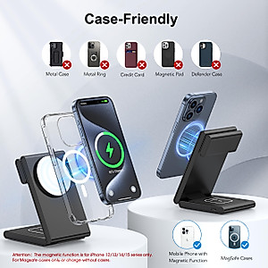 3 in 1 Wireless Charging Station for Multiple Devices, Fast Foldable Travel Mag-Safe Stand for iPhone 15 14 13 12 Pro Max/Plus/Pro/Mini, Magnetic Charger for Apple Watch/AirPods Pro with 20W Adapter