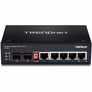 TRENDnet 6-Port Hardened Industrial Gigabit PoE+ DIN-Rail Switch,TI-PG62,4 x Gigabit PoE+ Ports, 1 x Shared Gigabit Port (RJ-45/SFP), 1 x Dedicated SFP, 120 W Power Budget, IP30,(Renewed)