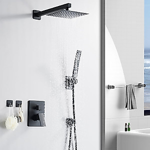 RTTWYYUU Matte Black Shower Head and Handle Set 10 Inch, Rain Shower Head with 2 Hooks, Luxury Rain Shower Set Square Wall Mount for Bathroom with Rain Shower and Handheld Shower System