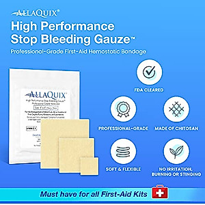 AllaQuix High Performance Stop Bleeding Gauze - Large (2"x2"Square) - (10-Pack) Professional-Grade First-Aid Hemostatic Gauze (Blood Clotting Bandage)
