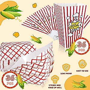 Sawysine 72 PCS Movie Party Supplies Include 36 Pcs Movie Night Popcorn Boxes and 36 Pcs Paper Food Trays Plastic Red White Striped Classic Popcorn Containers for Movie Night Theater Carnival Circus