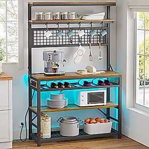 Itaar Bakers Rack with Power Outlet, 6-Tier Coffee Bar, Microwave Stand with Wine Rack, LED Lights and 10 Hooks, Bakers Racks for Kitchens with Storage, Rustic Brown