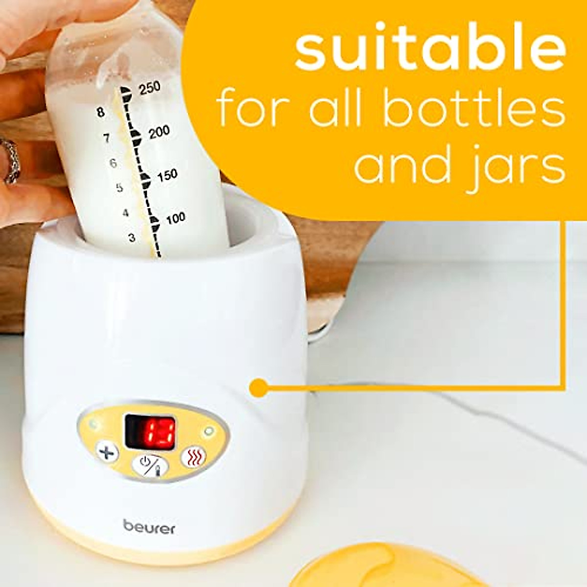 Beurer Baby Bottle Warmer & Food Warmer,BY52 | Portable 2-in-1 Heater with Keep Warm Function for Breast-Milk,Formula & Food | AVENT & NUK Bottles | with Lifter,LED Display,Safety Switch-Off & Cap