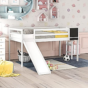 Bellemave Kids Loft Bed with Slide, Wood Loft Bed Boys Girls Twin Size, Low Loft Bed with Chalkboard(White)
