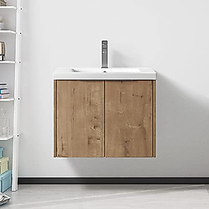 24-Inch Wall Mounted Bathroom Vanity with Sink Combo Modern Single Bathroom Vanity Set with Top Basin & Storage Cabinet Wood Hanging Bath Cabinet w/Resin Sink for Bathroom(Oak White-24'')