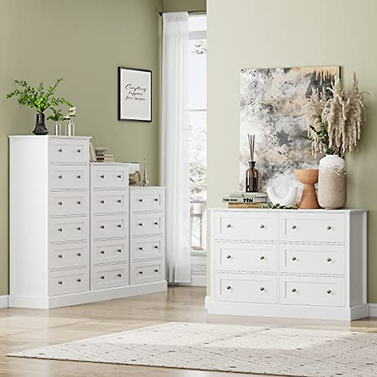 FACBOTALL Modern 6 Drawer Double Dresser, White Dresser Wood Dresser, Wide Chest of Drawers with Deep Drawers & Mental Double Handles for Hallway Living Room