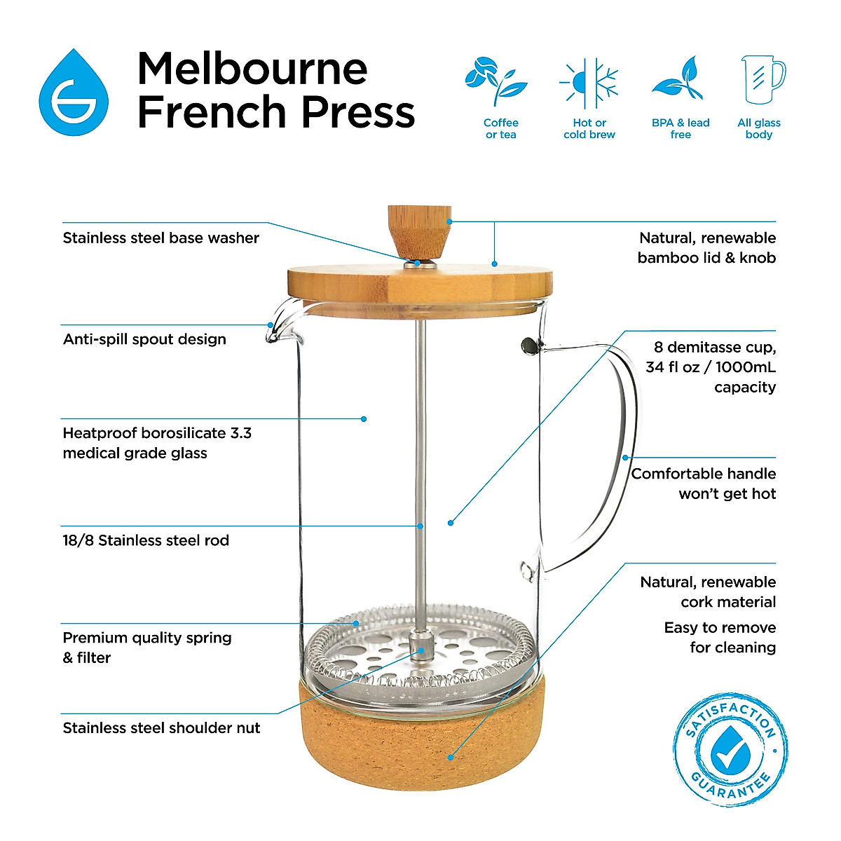 GROSCHE - Melbourne Premium French Press Coffee & Tea Maker (34 oz) with Bamboo Lid And Cork Base | Stylish Design | Coffee Maker | Tea Maker | Cold Brew | Borosilicate Glass