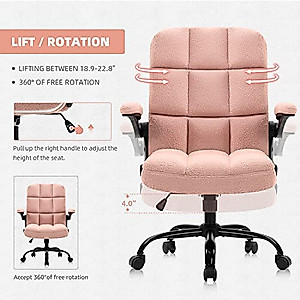 SEATZONE Pink Home Office Desk Chairs with Flip-up Armrest, Faux Fur, Fuzzy Computer Rolling Chair with Wheels, Adjustable Backward Tilt