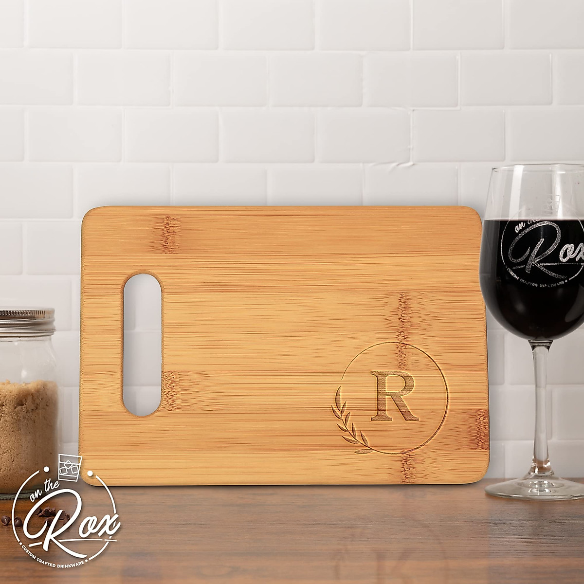 On The Rox Monogrammed Cutting Boards - 9” x 12” A to Z Personalized Engraved Bamboo Board (R) - Large Customized Wood Cutting Board with Initials - Wooden Custom Charcuterie Board Kitchen Gifts