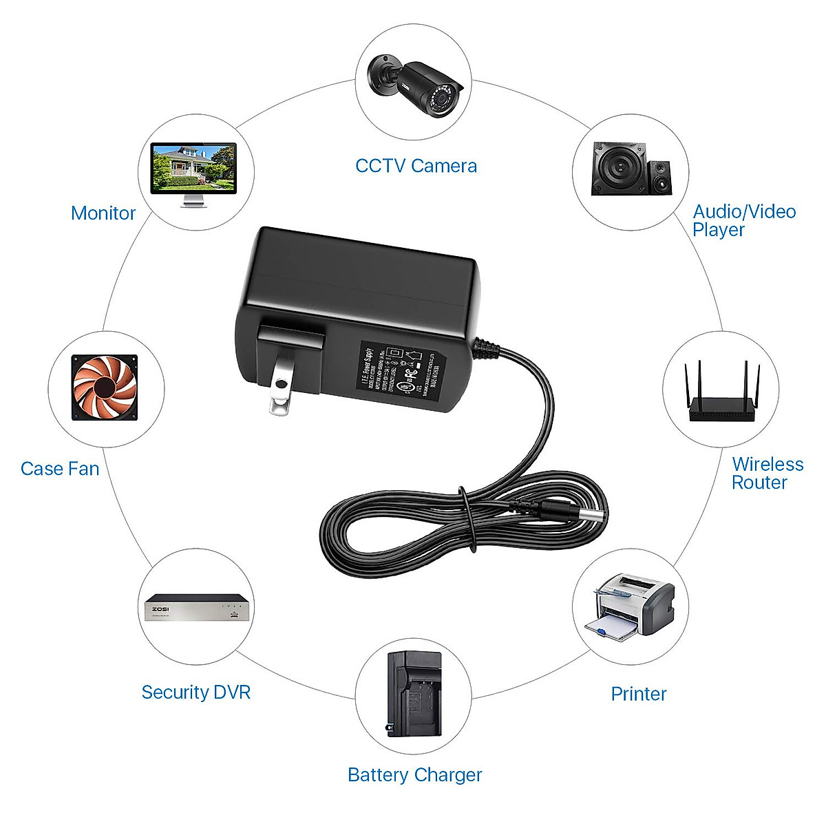ZOSI DC 12V 2A US CCTV Power Supply Adapter and DC 1 Female to 8 Male Output Power Splitter Cable Y Adapter for Security Camera Surveillance System