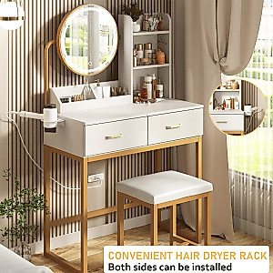 Makeup Vanity Desk with Round Mirror and Lights, White Vanity Makeup Table, Small Vanity Table for Bedroom with Lots Storage, 3 Lighting Modes, 31.5in(L)