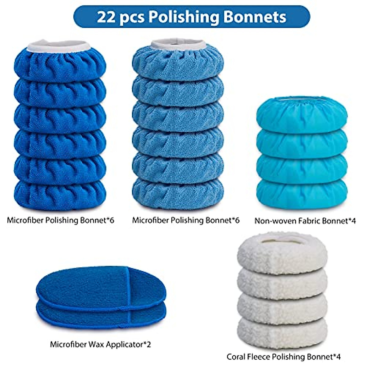 22pcs 6 to 7 Inch Polishing Pad Bonnets Set, Car Polisher Buffing Bonnets Microfiber Waxing Bonnet Car Buffing Wax Cover Kit for Waxing, Cleaning and Polishing