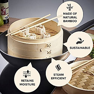 Prime Home Direct Bamboo Steamer Basket 10-inch | 2-Tier Steamer for Cooking | 50 Liners, Chopsticks & Sauce Dish | Dumpling Steamer, Food Steamer Baskets for Cooking - Rice & Vegetable Steamer Pot