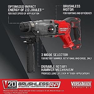 CRAFTSMAN V20 RP SDS Rotary Hammer Drill, Cordless, 7/8 inch, 2 Joules, Bare Tool Only (CMCH234B)