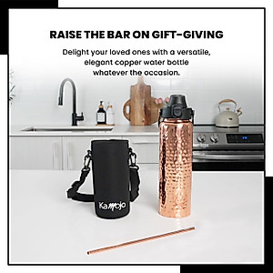 Copper Water Bottle for Drinking - Hammered Pure Copper Water Bottle with Push Button Lid, Removable Sleeve & Copper Straw - Handcrafted Water Bottle Copper Cup 32 fl oz