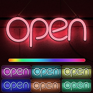 Tekstap Open LED Signs for Business Window, RGB Color Changing Open Neon Sign, 16x6 inches LED Open Sign Lighted with Remote Control & Power Adapter for Storefront/Business Window Restaurant/Bar/Salon