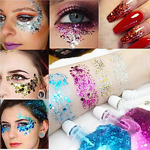 Body Glitter Gel 16 Color Sequins Glitter Gel Easy to Apply&Clean, Festival Glitter Christmas Makeup for Women Long Lasting Sparkling Suitable for Body, Face, Hair, Eyes Silver (Chunky Glitter)