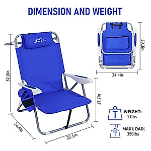 Dr.Quark Beach Chair with Backpack Straps 4-Position Classic Lay Flat Folding Backpack Heavy Duty Beach Chair for Adult with Large Cooler Pouch Towel Bar, Cup Phone Holder Support up to 350LBS