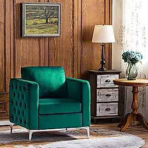 MCombo Living Room Accent Chairs, Velvet Club Chair, Single Sofa Chair with Upholstered Tufted Button, Silver Metal Legs, Modern Armchair for Bedroom 4066 (Green)