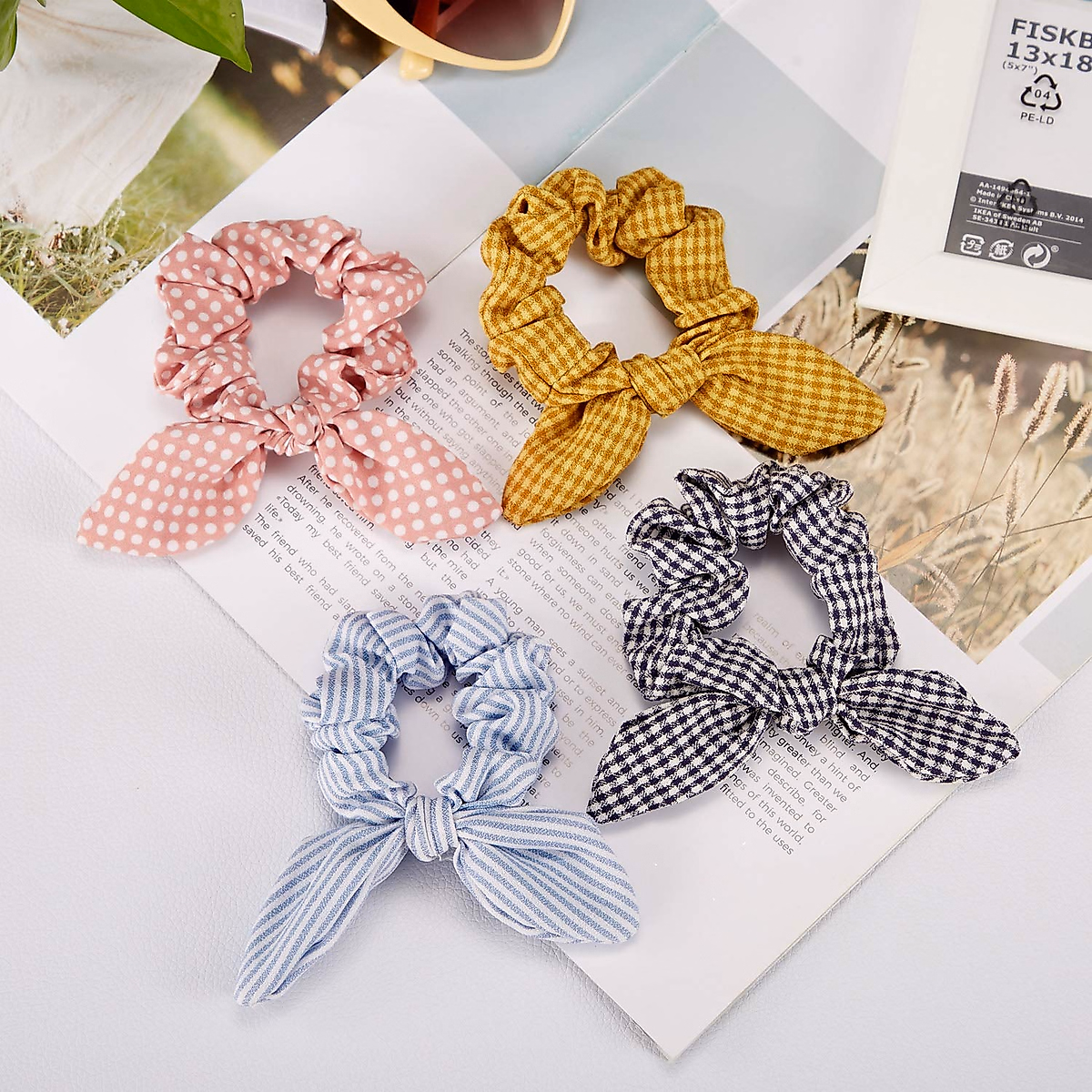 Yaomiao 12 Pieces Bow Hair Scrunchies Bunny Ear Scrunchies for Bow Silk Bowknot Bobbles Elastic Hair Ties Ropes for Women(Wave Point)