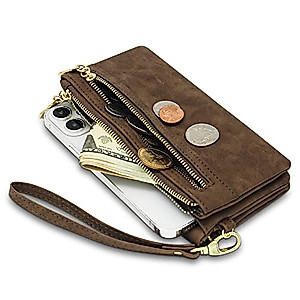 Women Vegan Leather Wallet Long Bifold Clutch Wallet for Women with Zipper Coin Pocket Purse (Coffee)