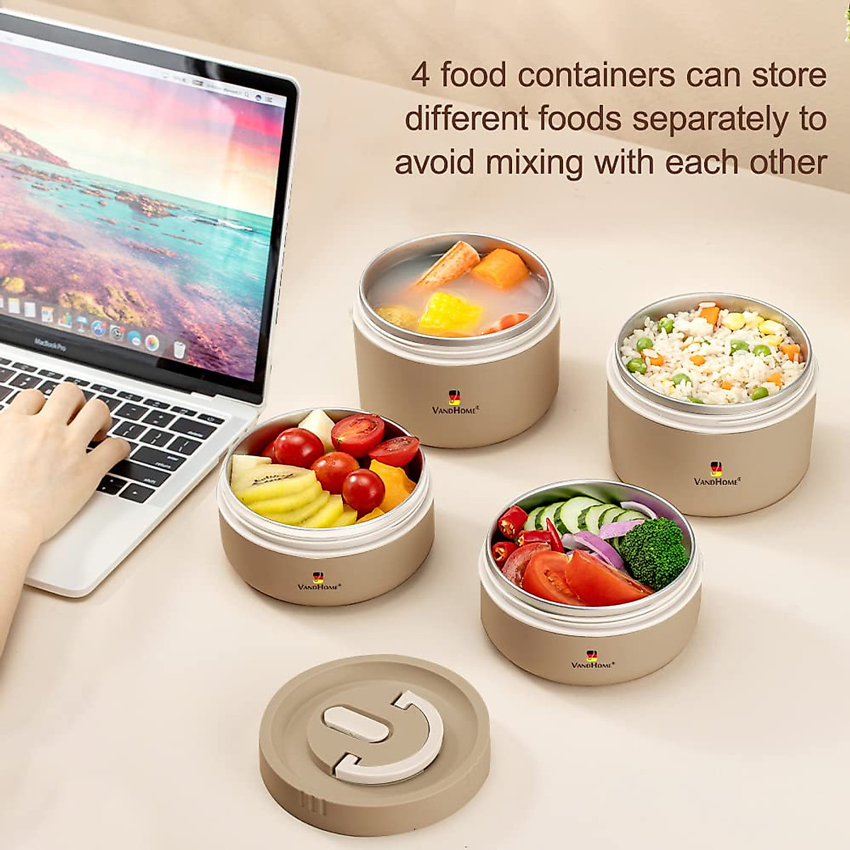 ArderLive Lunch Bento Box with Bag, Portable Thermal Leakproof Lunch Containers, 18/8 Stainless Steel Stackable Insulated Lunch Box for Adults, Picnic Work and Travel, 68 Oz, Khaki