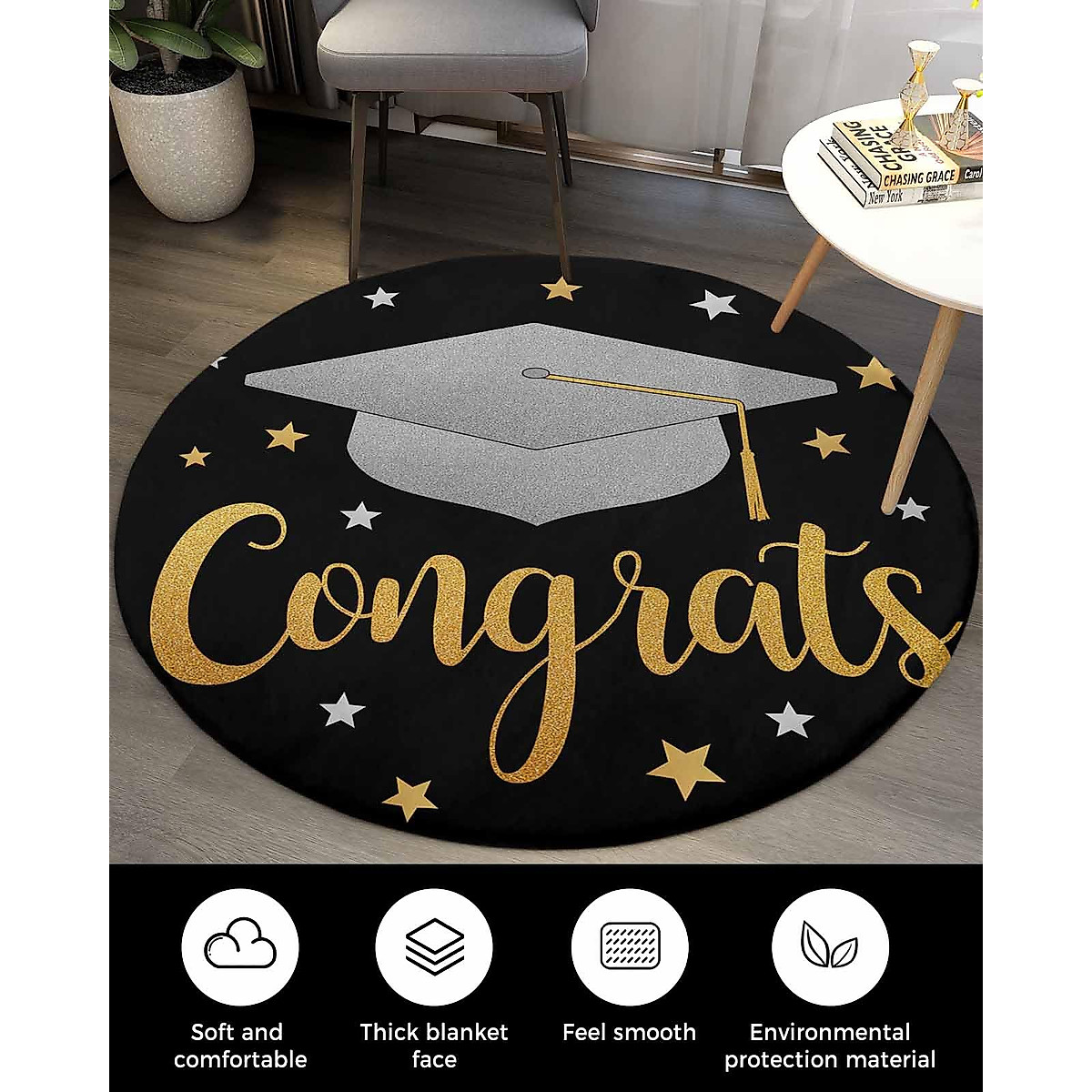 Graduation Cap Fluffy Round Area Rug Carpets 3ft, Plush Shaggy Carpet Soft Circular Rugs, Non-Slip Fuzzy Accent Floor Mat for Living Room Bedroom Nursery Home Decor Star Black Gold Grey