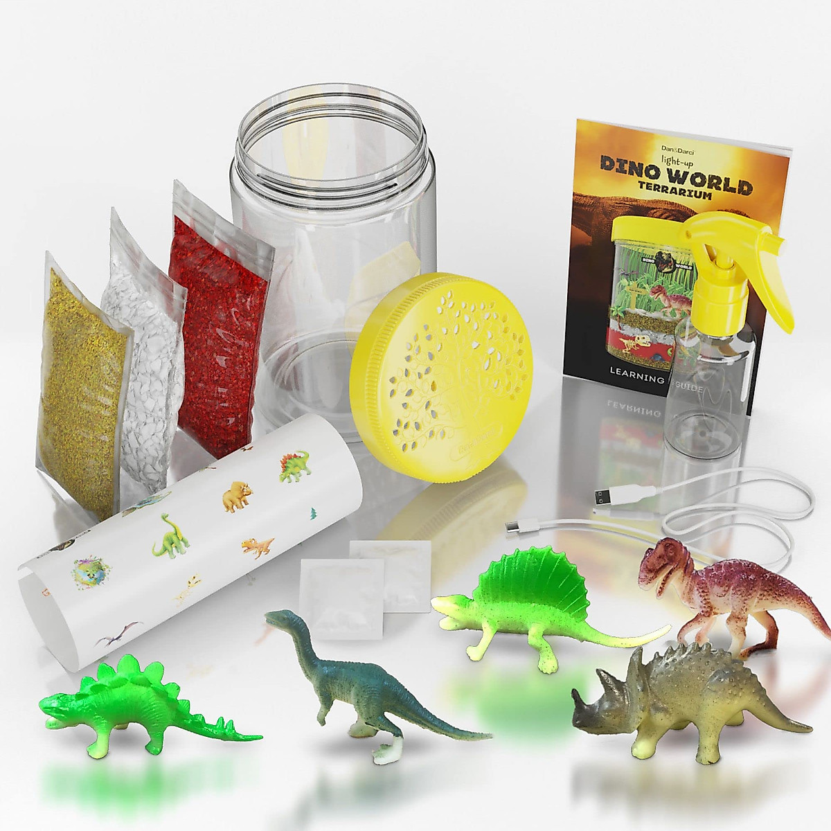 Dino World Terrarium Kit for Kids - LED Light in Lid Dinosaur Easter Toys for Boys &, Girls Age 3, 4, 5, 6, 7, 8+ Year Old Boy Gifts - Dinosaur Garden + Toy Dinosaurs - STEM Science Gardening Kits