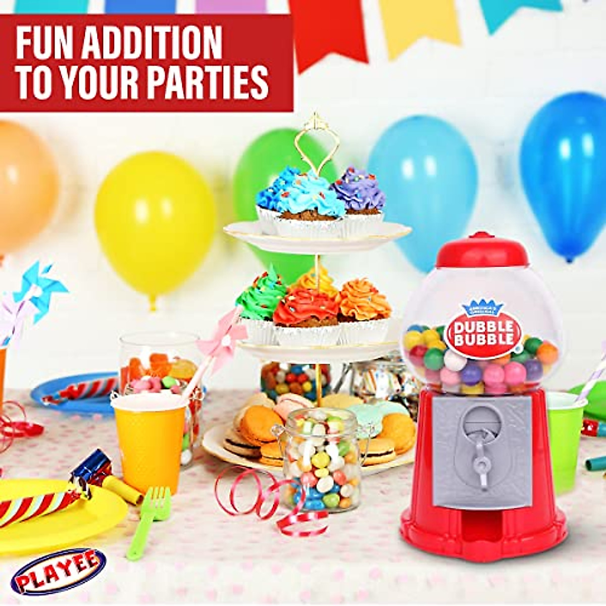 PLAYEE Classic Style Gum Machine – Gumball Machine for Kids – Candy Bank with 45 Colorful Gum Balls – 8.5” Candy Dispenser for Boys and Girls