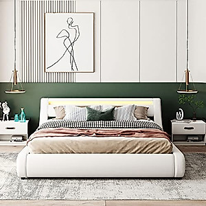 TARTOP Upholstered Faux Leather Platform Bed with a Hydraulic Storage System with LED Light Headboard Bed Frame with Slatted Queen Size,No Box Spring Needed,White