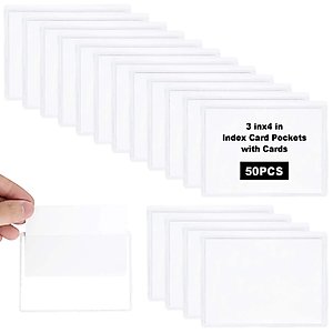 wexpw 50 Pieces 3x4 inch Adhesive Plastic Pockets Sleeves with 50 Pieces White Insert Cards, Self Adhesive Clear Label Holder Index Card Pocket Sleeves Clear Plastic Sticky Labels Holders