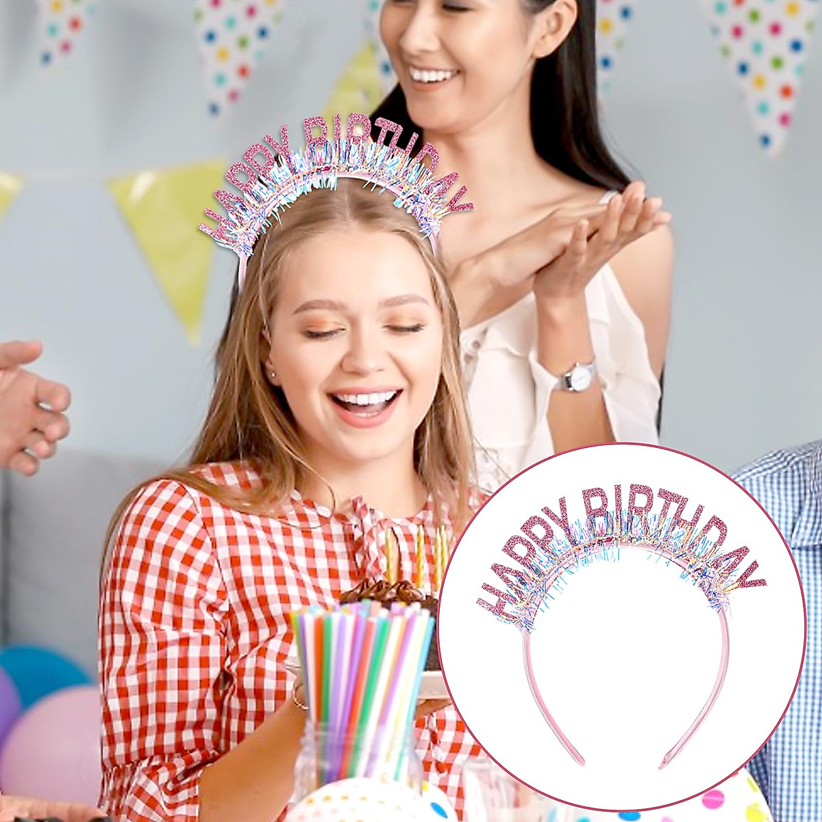 KALIONE Glitter Birthday Tiara Headpiece, Cute Party Headband Decorations for Women Girls, Pink