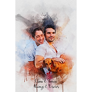Awesometik Customized LGBT Couple Portrait Watercolor Art on Canvas, Poster LGBT Engagement Gift Memorable Gift for Husband Gift for Boyfriend Canvas Art Wall Art Gay Couple