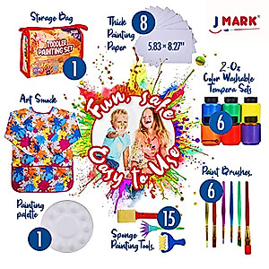 J MARK Toddler Painting Set – 38-Piece Set with Art Smock, 6 Washable Tempera Paints, Painting Paper, Brushes, Sponges, Painting Tools and Palette (Colors)