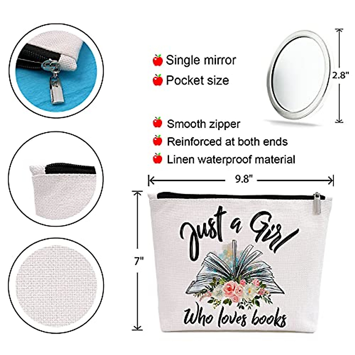 GevGuxLuo Book Lovers Gifts, Book Makeup Bag for Women with Mirror, Birthday Gifts for Daughter Sister Bestie Librarian Readers Who Loves Books, Bookish Gifts Cosmetic Bag Zipper Pouch for Book Lovers