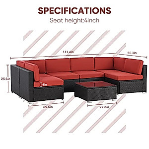 SUNCROWN 7-Piece Outdoor Patio Furniture Sofa Set - All-Weather Wicker Sectional with Washable Cushions and Modern Glass Coffee Table - Red