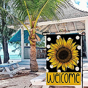CROWNED BEAUTY Summer Garden Flag Sunflower 12x18 Inch Small Double Sided for Outside Black Polka Dots Welcome Yard Flag