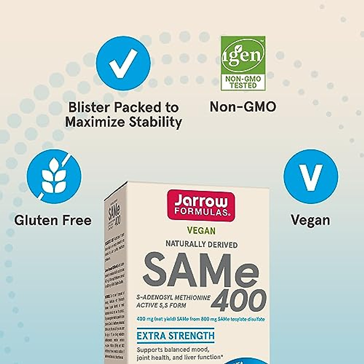 Jarrow Formulas SAMe 400 mg, Supports Joint Health, Liver Function, Brain Metabolism, 60 Tablets, Up To a 60 Day Supply