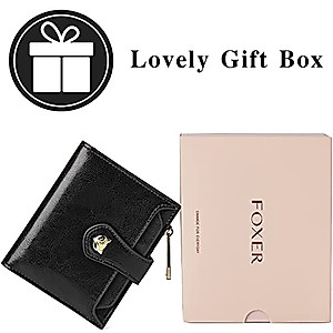 FOXLOVER Small Leather Wallets for Women Ladies RFID Blocking Bifold Zipper Pocket Wallets with ID Window (Black)