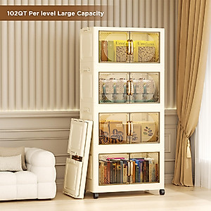 YUEXINKJ Plastic 4 Tier Storage Bins with Lids,Folding Storage Box with Doors and Wheels Stackable Storage Bins,Closet Organizers and Storage for Living Room,Office,Dorm