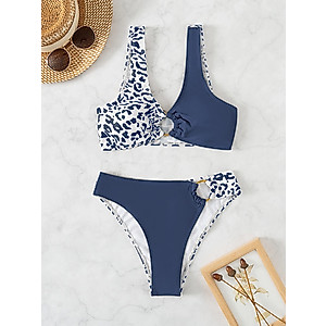 SOLY HUX Women's 2 Piece Swimsuit Color Block Leopard Print Ring Linked Bikini Set Bathing Suits Blue and White Leopard S