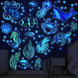 52 Pieces Glowing Wall Stickers Sea Turtle Wall Decals Ocean Creature Wall Stickers Waterproof Ocean Wall Sticker PVC Sea Animals Wall Stickers for Kids Room Living Room Nursery Bathroom Decoration