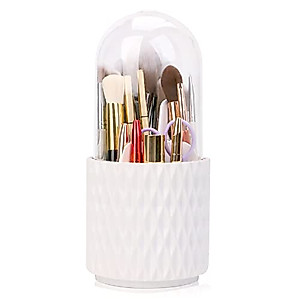 Yoseng Makeup Brush Holder Organizer with Lid,9 * 4.5" Makeup Brush Case,360 Rotating Modern Ins Style large Dustproof Makeup Brushes Organizer cups for Vanity (Water ripple- white)
